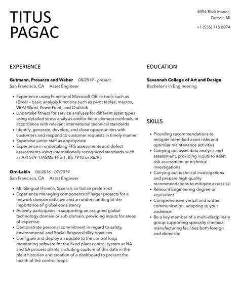 Asset Engineer Resume Samples Velvet Jobs