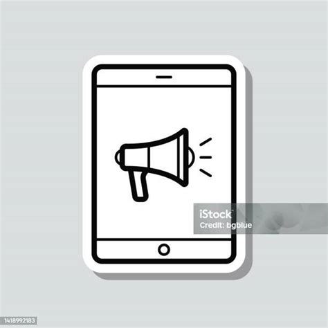 메가폰과 태블릿 Pc 회색 배경에 아이콘 스티커 3차원 형태에 대한 스톡 벡터 아트 및 기타 이미지 3차원 형태 개념 광고 Istock