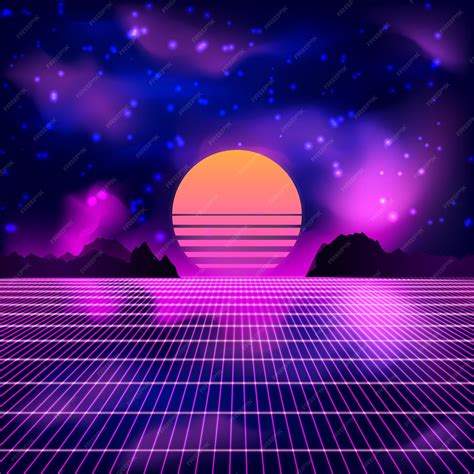 Premium Vector 80s Retro Scifi Background With Sunrise Or Sunset Vector Futuristic Synth Retro