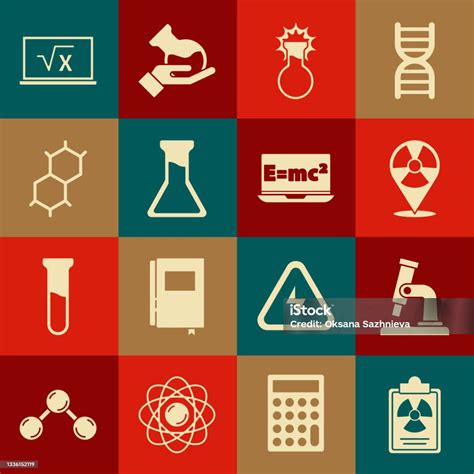 방사선 경고 문서 현미경 방사성 위치 테스트 튜브 및 플라스크 화학 공식 X 글리프 및 방정식 솔루션 아이콘의 사각형 루트를 설정합니다 벡터 0명에 대한 스톡 벡터 아트 및