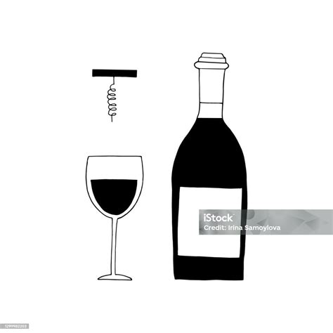 병 와인과 코르크 스크류 세트 아이콘 스티커 유리 스케치 핸드 그린 낙서 스타일 미니멀리즘 흑백 음료 바 그리기에 대한 스톡 벡터 아트 및 기타 이미지 Istock