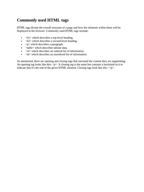 Commonly Used Html Tags Pdf