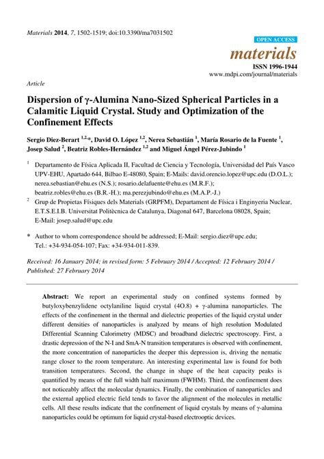 Pdf Dispersion Of γ Alumina Nano Sized Spherical Particles In A Calamitic Liquid Crystal