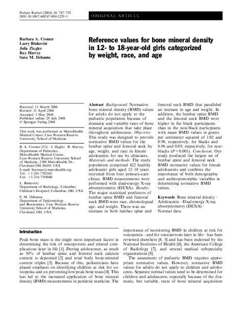 Pdf Reference Values For Bone Mineral Density In 12 To 18 Year Old Girls Categorized By
