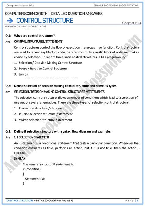 Adamjee Coaching Control Structure Detailed Question Answers Computer Science 10th