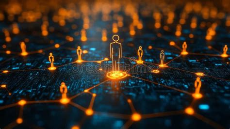 Conceptual Network Of Connected Human Figures On Glowing Digital Grid Stock Illustration