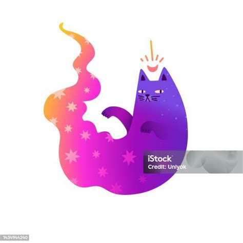 신비로운 반짝이는 고양이와 귀여운 일러스트레이션 별과 날개를 가진 고양이의 마법 캐릭터 난해한 만화 네온 스타일 직물에 인쇄를위한 귀여운 고양이 벡터 가공의 인물에 대한