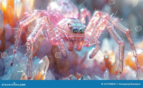 A Spider With Crystalline Legs Walking Through A Quantum Field Of Floating Geometric Shapes