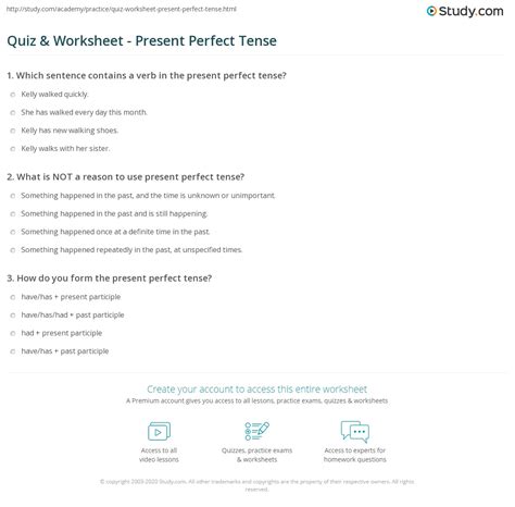 Quiz And Worksheet Present Perfect Tense