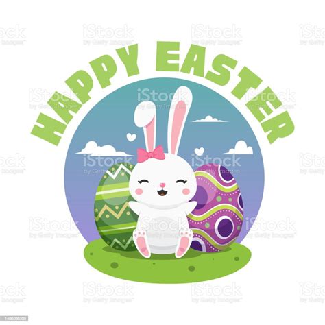 An Illustration Of A Rabbit In Front Of Egg Happy Easter Label Stock Illustration Download