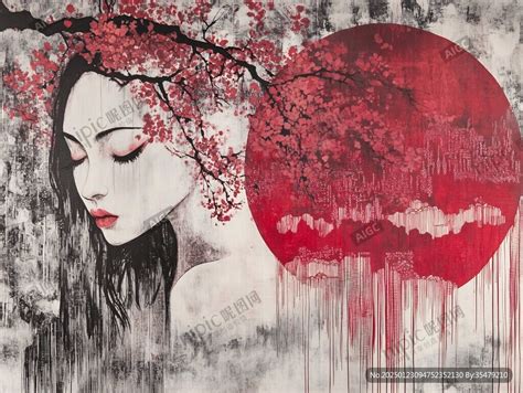 Ai创作图红衣美人插画 美人水墨水彩画 木棉花美女插画 日本美女画 日本插画 唯美抽象画水彩画女人 日本数字绘画 夕颜画 丽人插画 美女创意插画 插画艺妓 数字油画插画设计 女性题材插画 朱漆