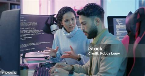 Computer Woman Programmer And Man Training For Coding Cyber Security Or