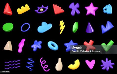 어두운 색상 배경에 다른 밝은 추상적이고 사실적인 물체의 3d 벡터 컬렉션 다양한 장식용 여러 가지 빛깔의 장식 모양 3d