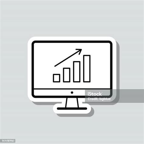 데스크톱 컴퓨터에서 차트가 증가하고 있습니다 회색 배경에 아이콘 스티커 3차원 형태에 대한 스톡 벡터 아트 및 기타 이미지