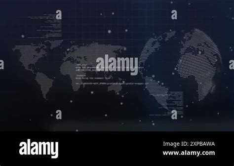 World Map With Data Points And Coding Animation Over Dark Grid