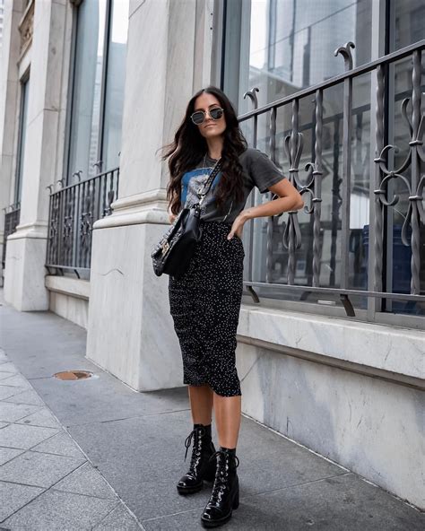 Fall Style Polka Dot Midi Skirts Graphic Tee Lace Up Combat Boots