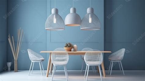 무료 모형 식당에 매달린 램프가 있는 파란색 벽과 세련된 식사 세트의 3d 시각적 Ppt 배경 Slidesdocs