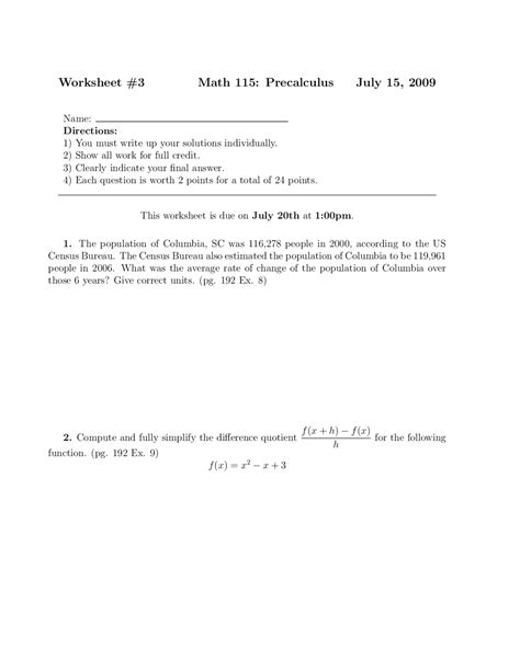 Worksheet 3 For Precalculus Mathematics 2009 Math 115 Docsity