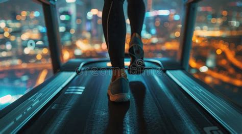 Person Running On Treadmill With City Night Lights View Stock Image Image Of Lights City