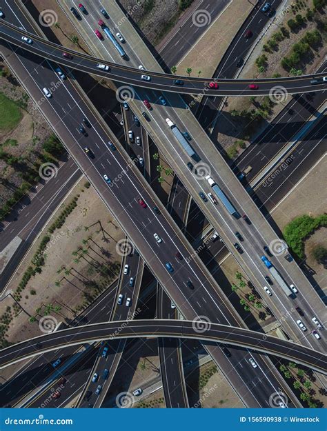 Overhead Drone Shot Of A Busy Highway Intersection Full Of Traffic