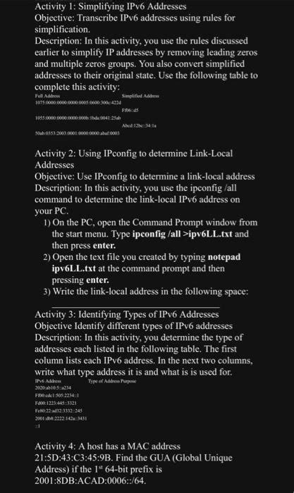 activity 1 simplifying ipv6 addresses objective