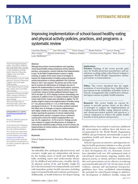 Pdf Improving Implementation Of School Based Healthy Eating And Physical Activity Policies