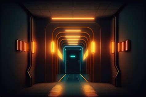 Premium AI Image Corridor With Neon Light High Tech Scifi Passageway Metal Reflection Of Light
