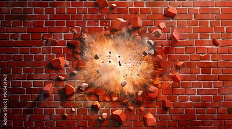 Exploding Out Hole In Red Brick Wall Isolation Illustration Stock