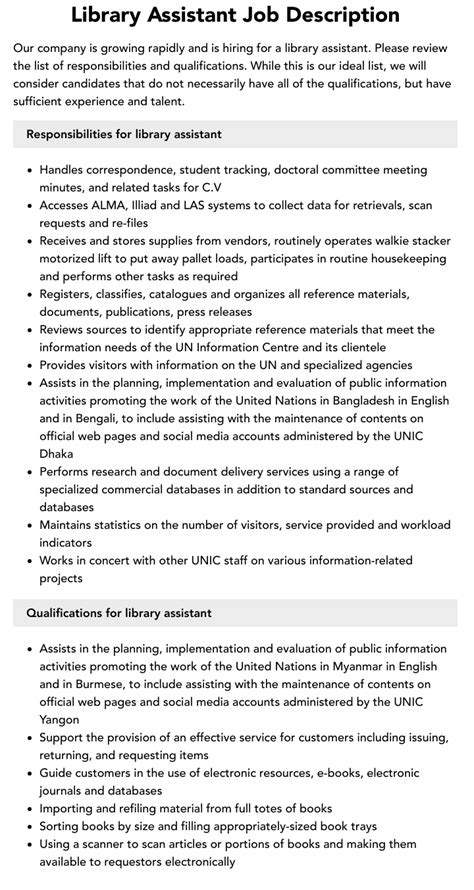 Library Assistant Job Description Velvet Jobs