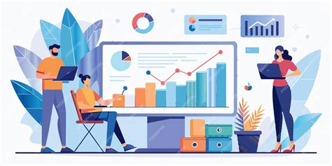 Premium Vector A Cartoon Of A Man Working On A Computer With A Graph On The Wall Behind Him