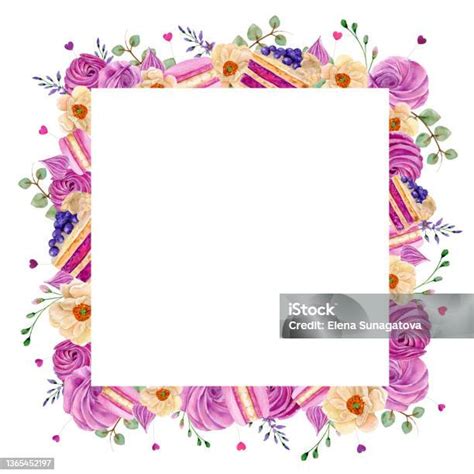 컵케이크 마카롱 꽃이 있는 수채화 베이커리 스퀘어 화환 로고 분홍색 색상의 수채화 베이킹 일러스트레이션 흰색 배경의 격리된 요소입니다 체리에 대한 스톡 벡터 아트 및 기타