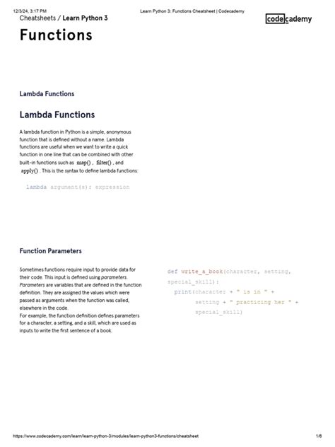 Learn Python 3 Functions Cheatsheet Codecademy Pdf Parameter