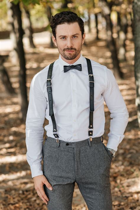 Leather Suspenders For Wedding Mens Outfit Bracers And Bow Tie Set For