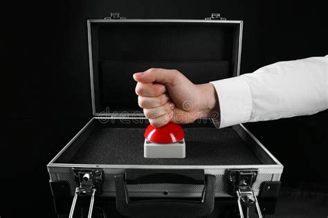 Red Button Of Nuclear Weapon In Suitcase On Light Gray Background Space For Text War Concept