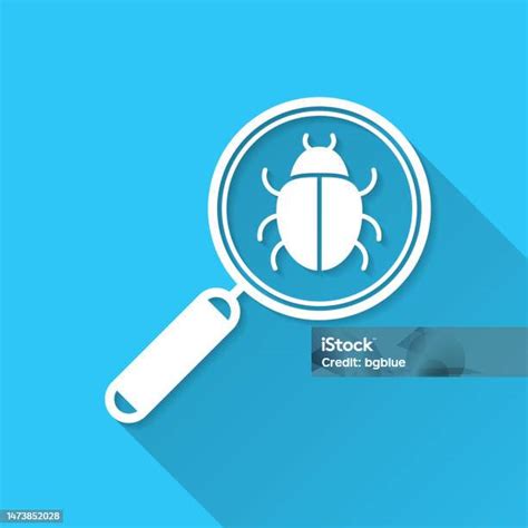버그가있는 돋보기 파란색 배경에 아이콘 긴 그림자가 있는 평면 디자인 3차원 형태에 대한 스톡 벡터 아트 및 기타 이미지 3차원 형태 개념 검사 보기 Istock