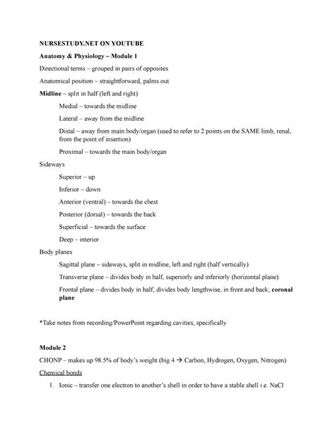 Module Notes NURSESTUDY ON YOUTUBE Anatomy Physiology Module Directional Terms Grouped