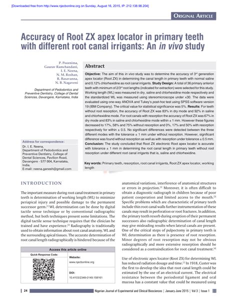 Pdf Accuracy Of Root Zx Apex Locator In Primary Teeth With Different Root Canal Irrigants An