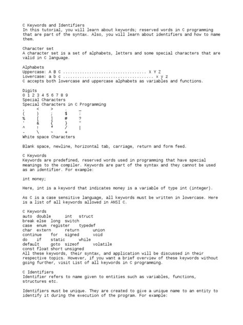 C Keywords And Identifiers Pdf Reserved Word Written Communication