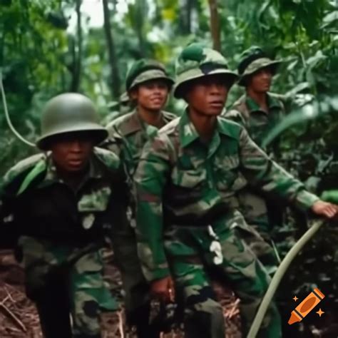 Vietnamese Soldiers In Camouflage Navigating Dense Jungle During Borneo