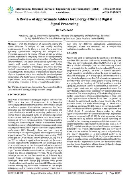 Irjet A Review Of Approximate Adders For Energy Efficient Digital