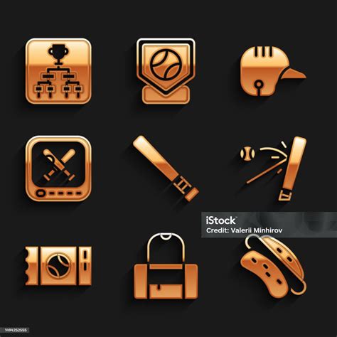 야구 방망이 스포츠 가방 핫도그 샌드위치 티켓 모니터 야구 경기 헬멧 및 챔피언십 토너먼트 브래킷 아이콘을 설정합니다 벡터