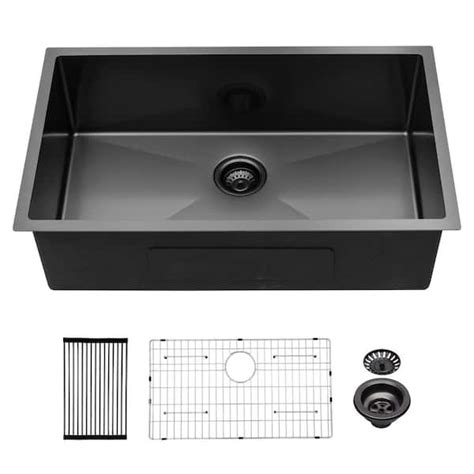 33 In Undermount Single Bowl 16 Gauge Gunmetal Black Stainless Steel Kitchen Sink With Bottom