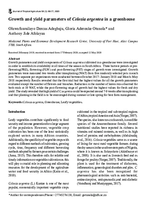 (PDF) Growth and yield parameters of Celosia argentea in a greenhouse