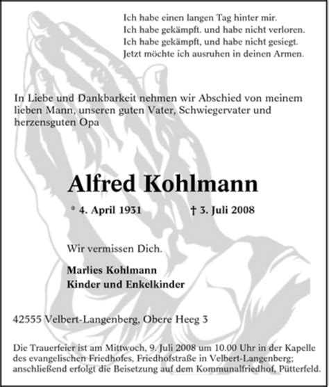 Traueranzeigen Von Alfred Kohlmann Trauer In Nrwde