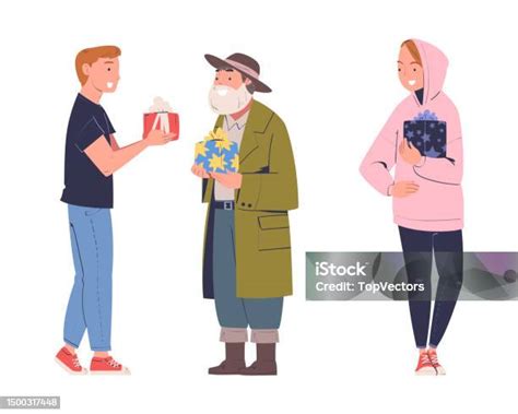 행복한 남자와 여자 캐릭터는 휴일 축하 벡터 세트를 위한 선물 상자를 준다 개체 그룹에 대한 스톡 벡터 아트 및 기타 이미지 개체 그룹 공유 개념 공휴일 Istock