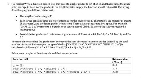 solved 4 10 marks write a function named gpa that accepts