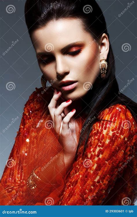 Portrait Of Classy Bright Brunette In Red Shiny Dress Luxury Stock Image Image Of Blush
