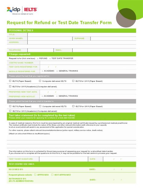 Ielts Request For Refund Or Test Date Transfer Form Download Free Pdf