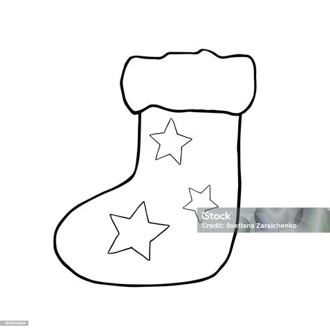 별이 있는 크리스마스 스타킹 윤곽선 그리기 손으로 그린 벡터 그림입니다 디자인 요소 착색 카드 인쇄물 포장 초대장 명함 광고 12월에 대한 스톡 벡터 아트 및 기타 이미지