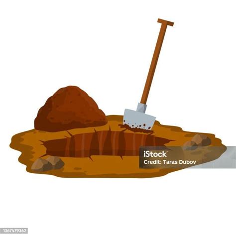 Menggali Lubang Sekop Dan Tanah Coklat Kering Kuburan Dan Penggalian Ilustrasi Datar Kartun